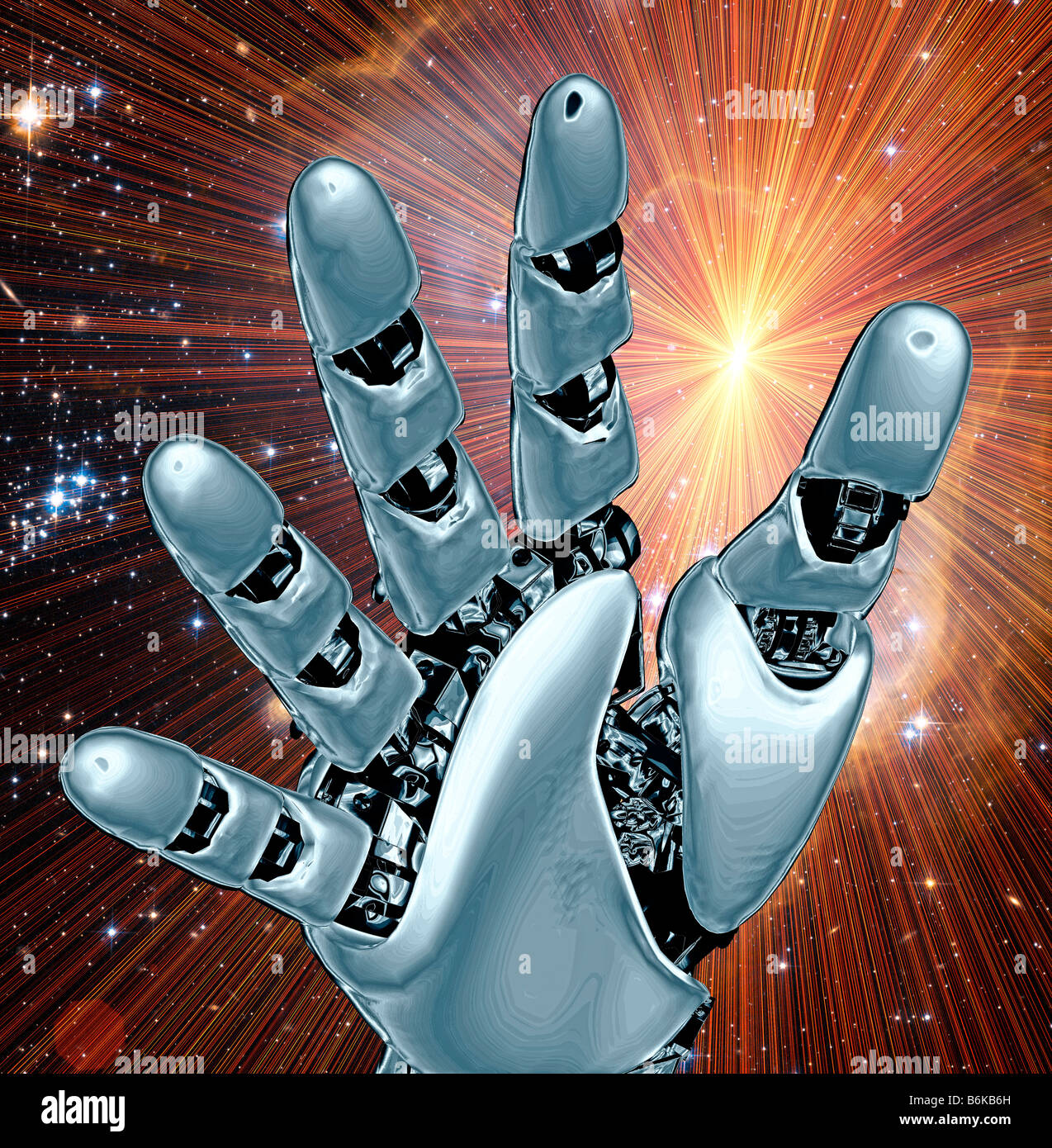 computer generated 3D robotic hand reaching into outer space Stock ...