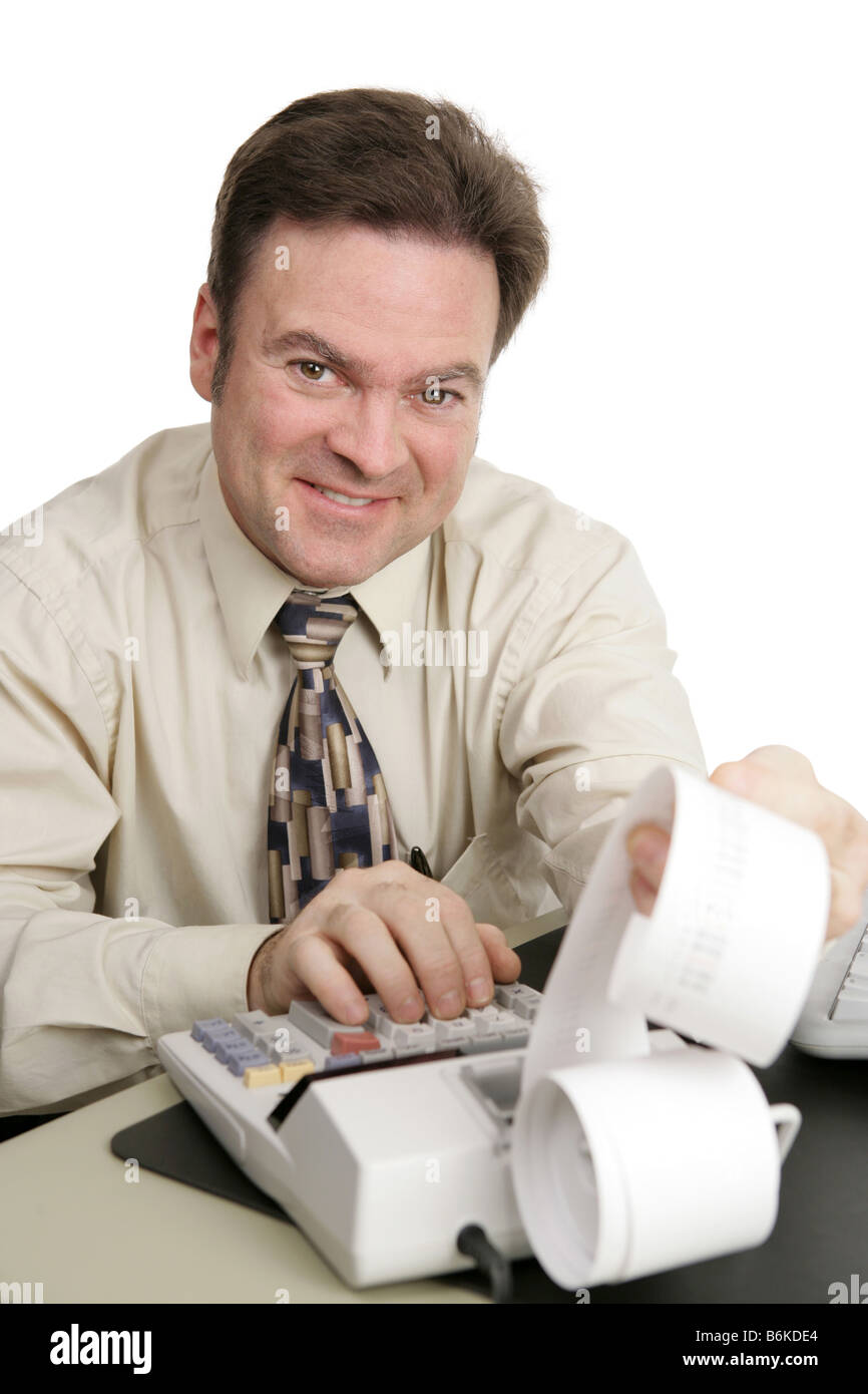 A friendly smiling accountant working on his adding machine Isolated on ...