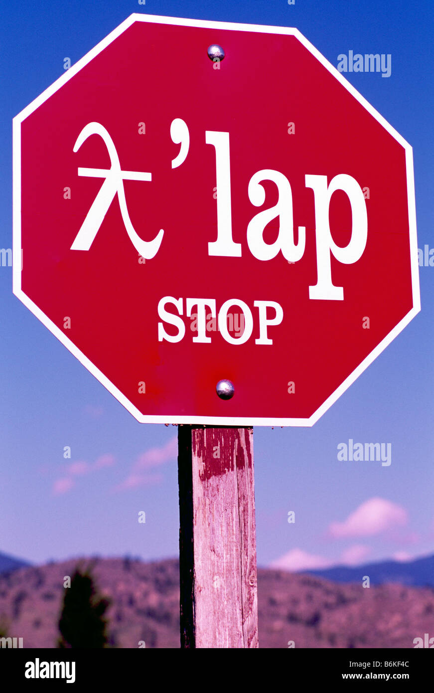 Bilingual Stop Sign in Okanagan Indian and English Languages in Oliver ...