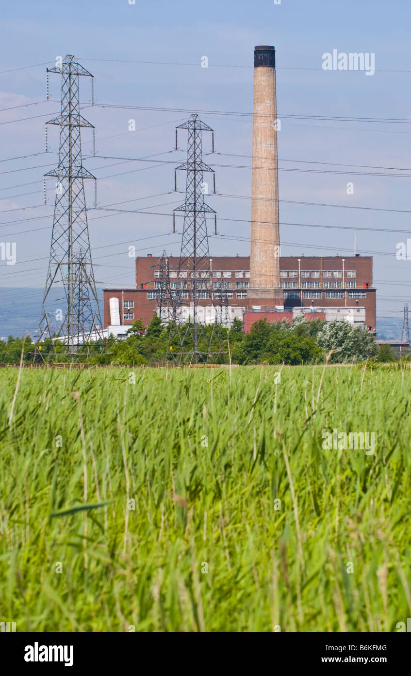 View over reed beds toward power station at Newport Wetlands National ...