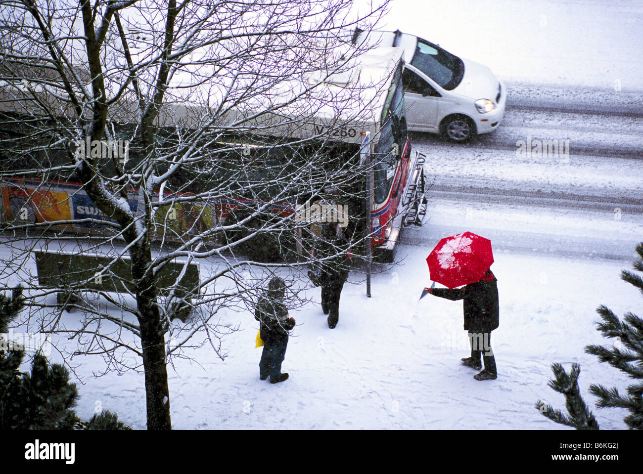 Commuters boarding a Bus at a Bus Stop in Winter in Vancouver British ...