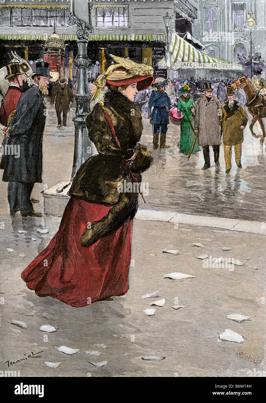French woman strolling on the Boulevard des Italiens Paris 1890s. Hand ...