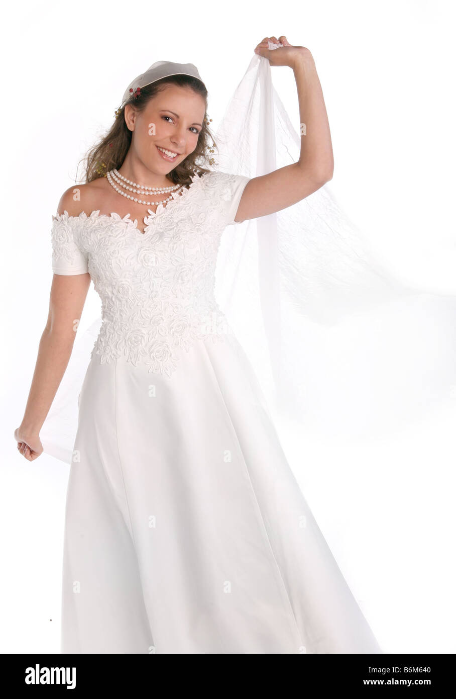 Lovely Bride Smiling on White Background in Studio Stock Photo - Alamy