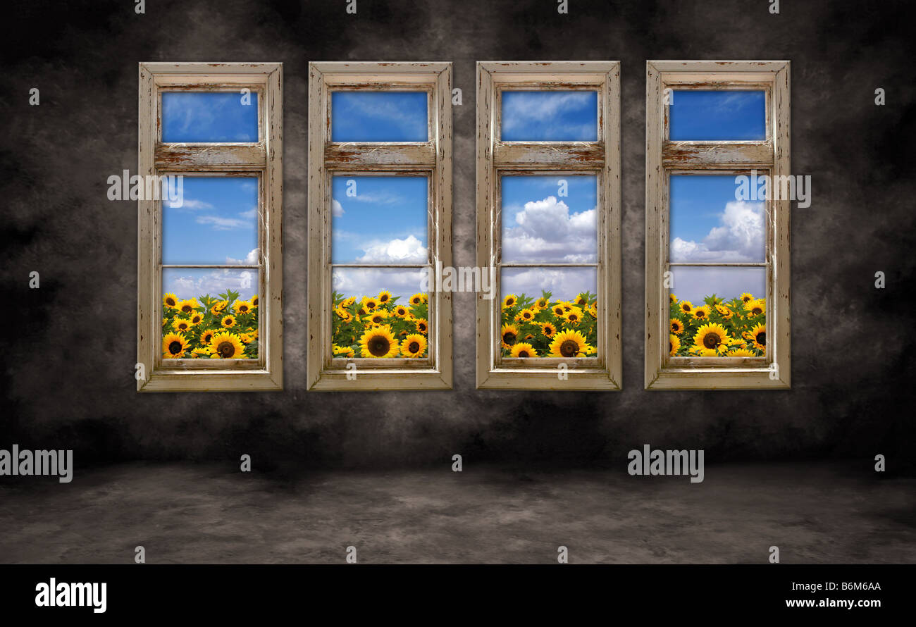 Beautiful Happy View From a Gloomy Grunge Interior Room Stock Photo - Alamy