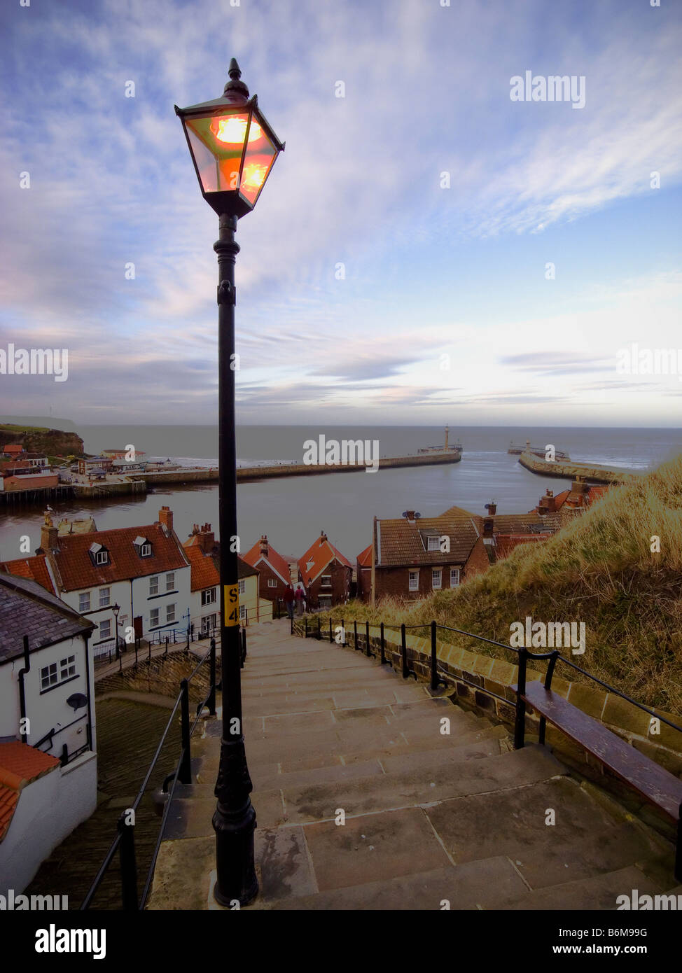 Whitby harbour from the famous 199 steps in evening light Stock Photo ...