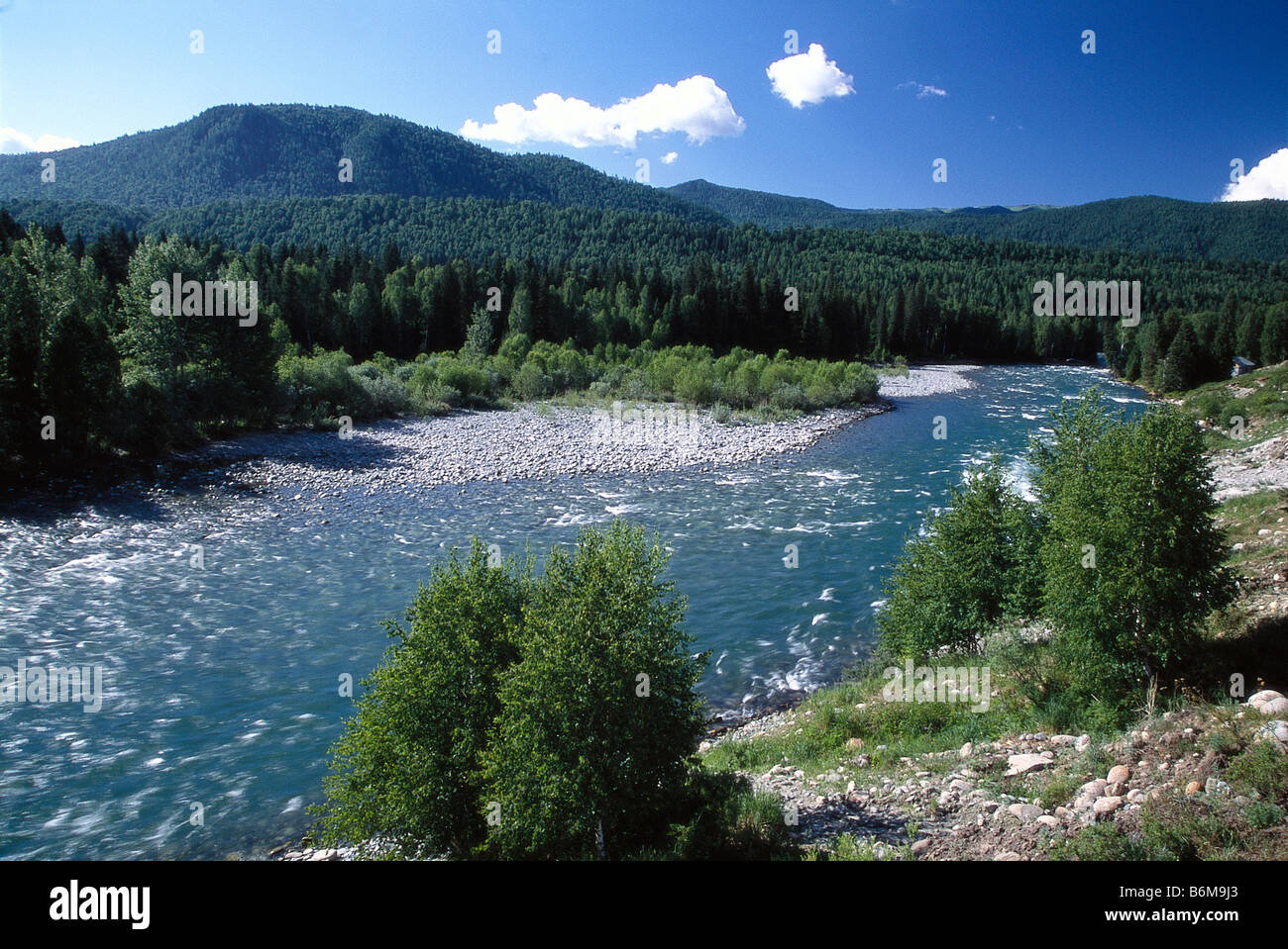 The clear water of Hemu River in Kanas National Park in Xinjiang, China ...