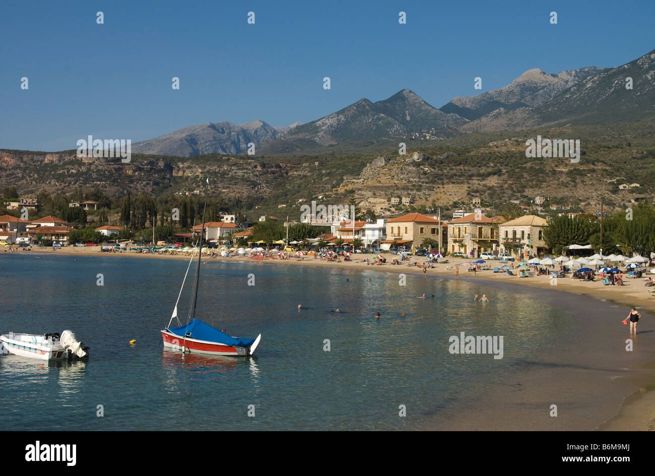 Stoupa seafront and beach with the Taygetos mountains in the background ...