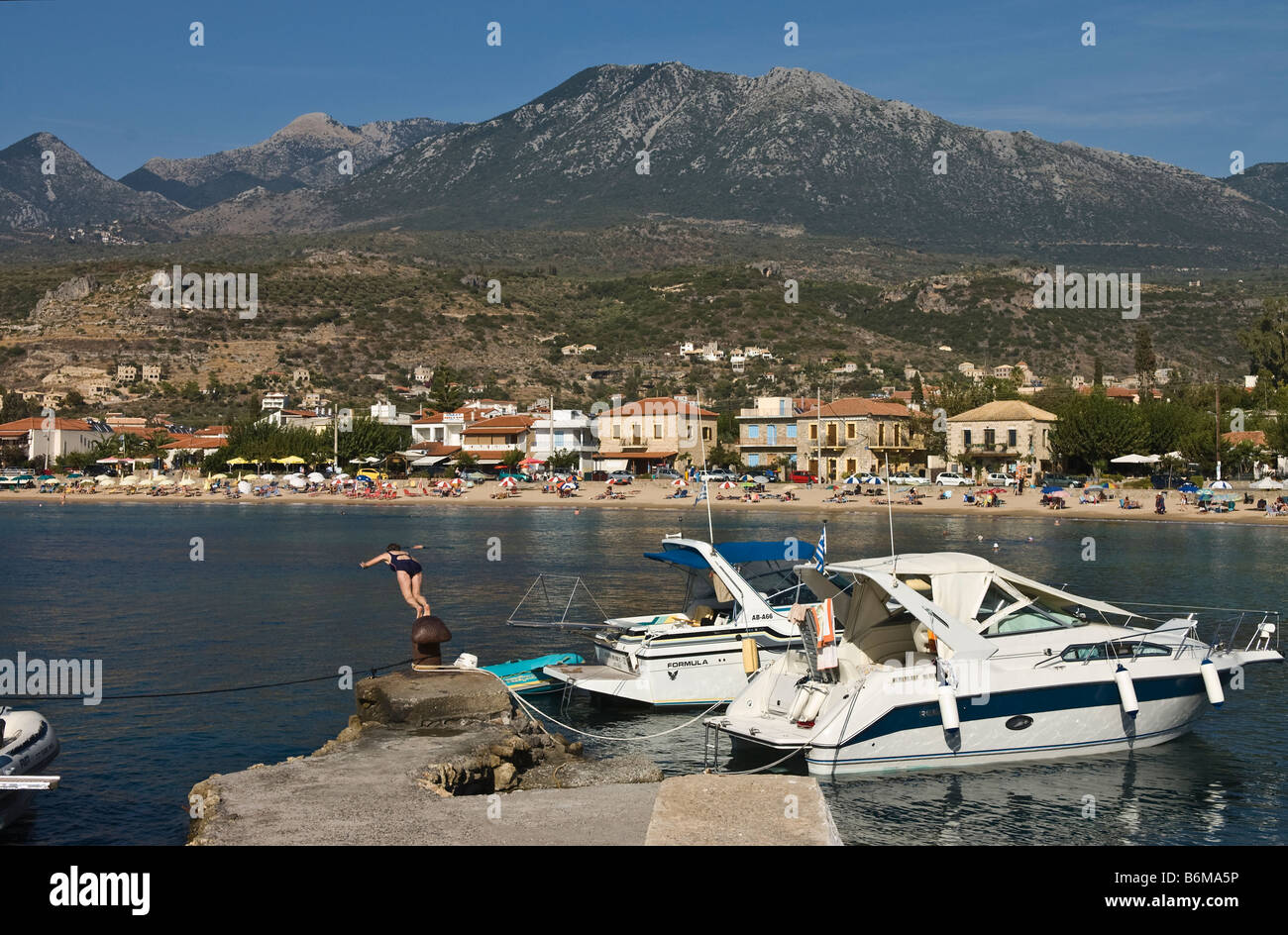 Stoupa seafront and beach with the Taygetos mountains in the background ...