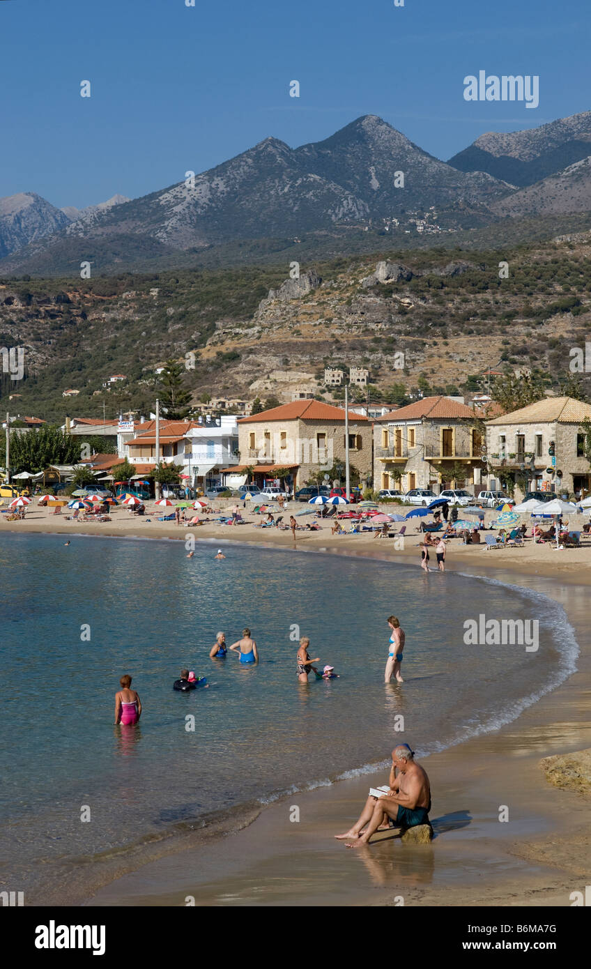 Stoupa seafront and beach with the Taygetos mountains in the background ...