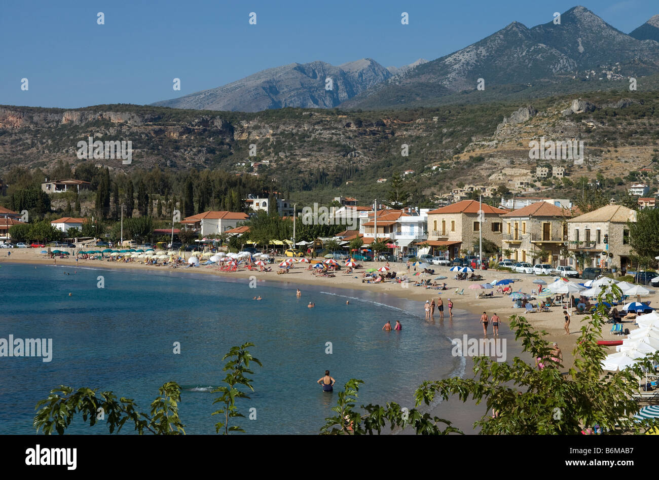 Stoupa seafront and beach with the Taygetos mountains in the background ...