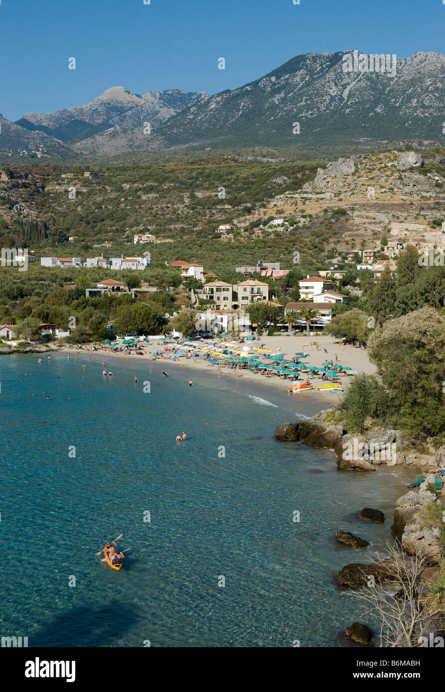 Kalogria beach at Stoupa with the Taygetos mountains in thre background ...