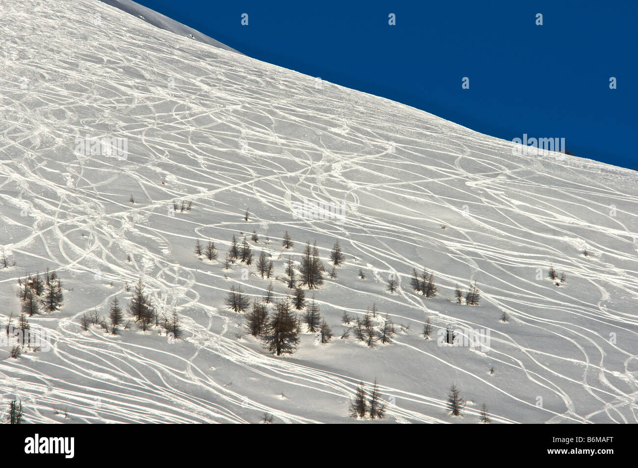 A mountain slope covered with ski trails Stock Photo - Alamy