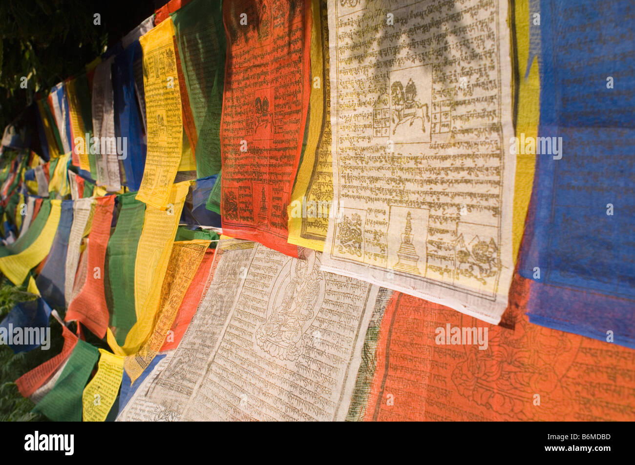 Multi-colored prayer flags at a temple, Mahabodhi Temple, Bodhgaya ...