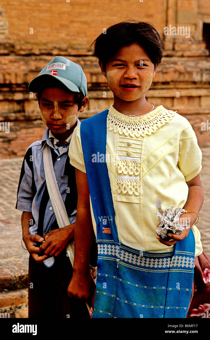 Burmese children at the archaeological ruins of Bagan Burma Myanmar ...