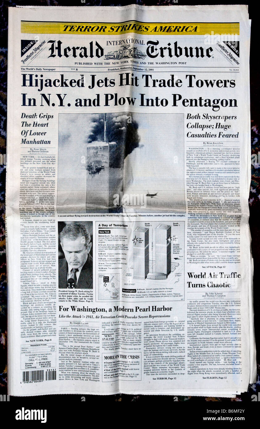 Front page International Herald Tribune September 12th 2001 911 Stock ...