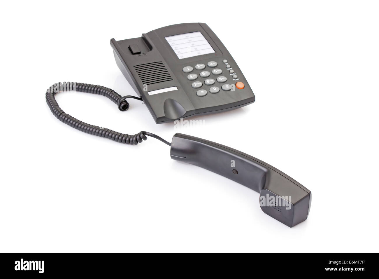 Office telephone off hook with sinuous cord isolated on white Stock ...