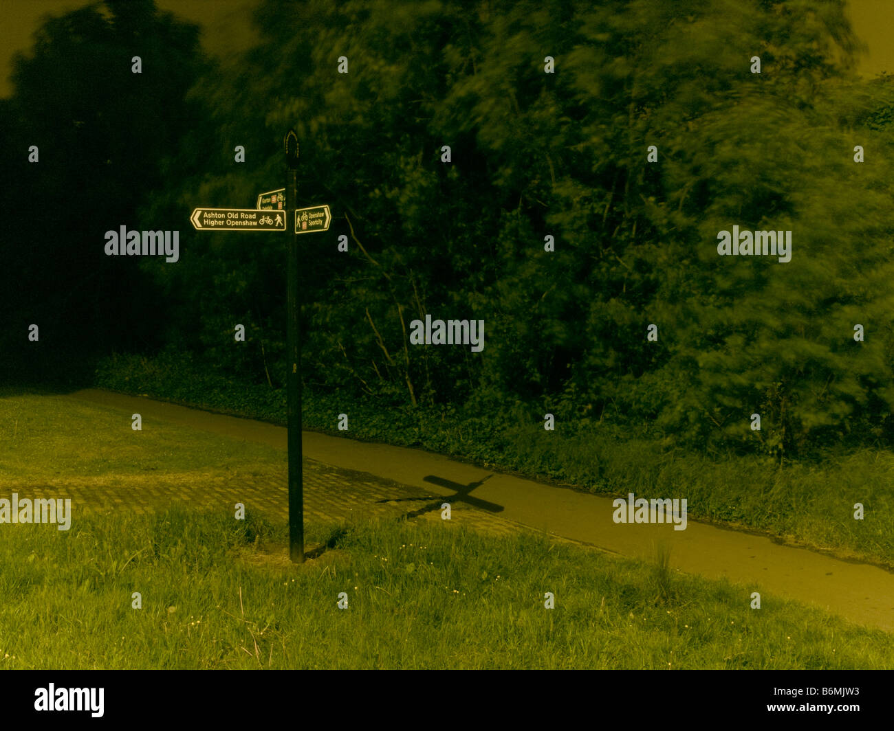 Road Sign in Park at Night for Directions Stock Photo - Alamy