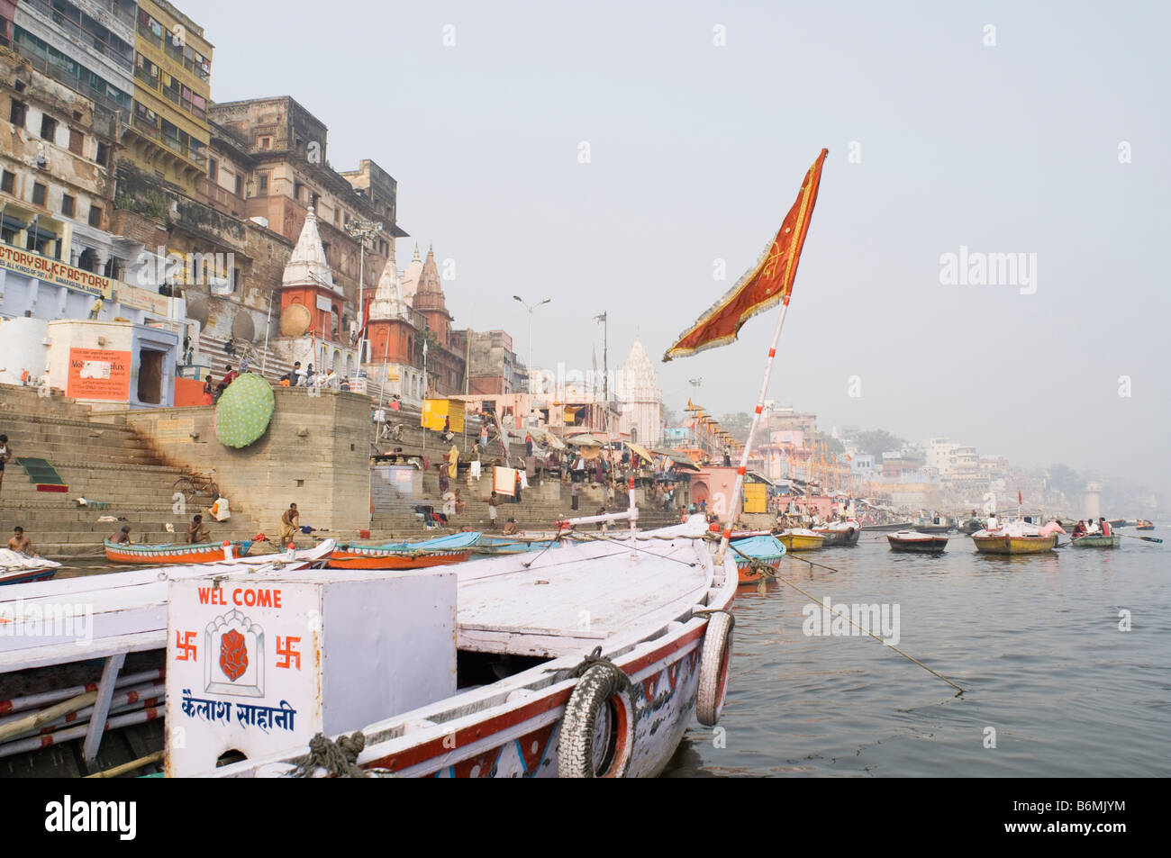 Temples at the riverbank, Dasashvamedha Ghat, Ganges River, Varanasi ...
