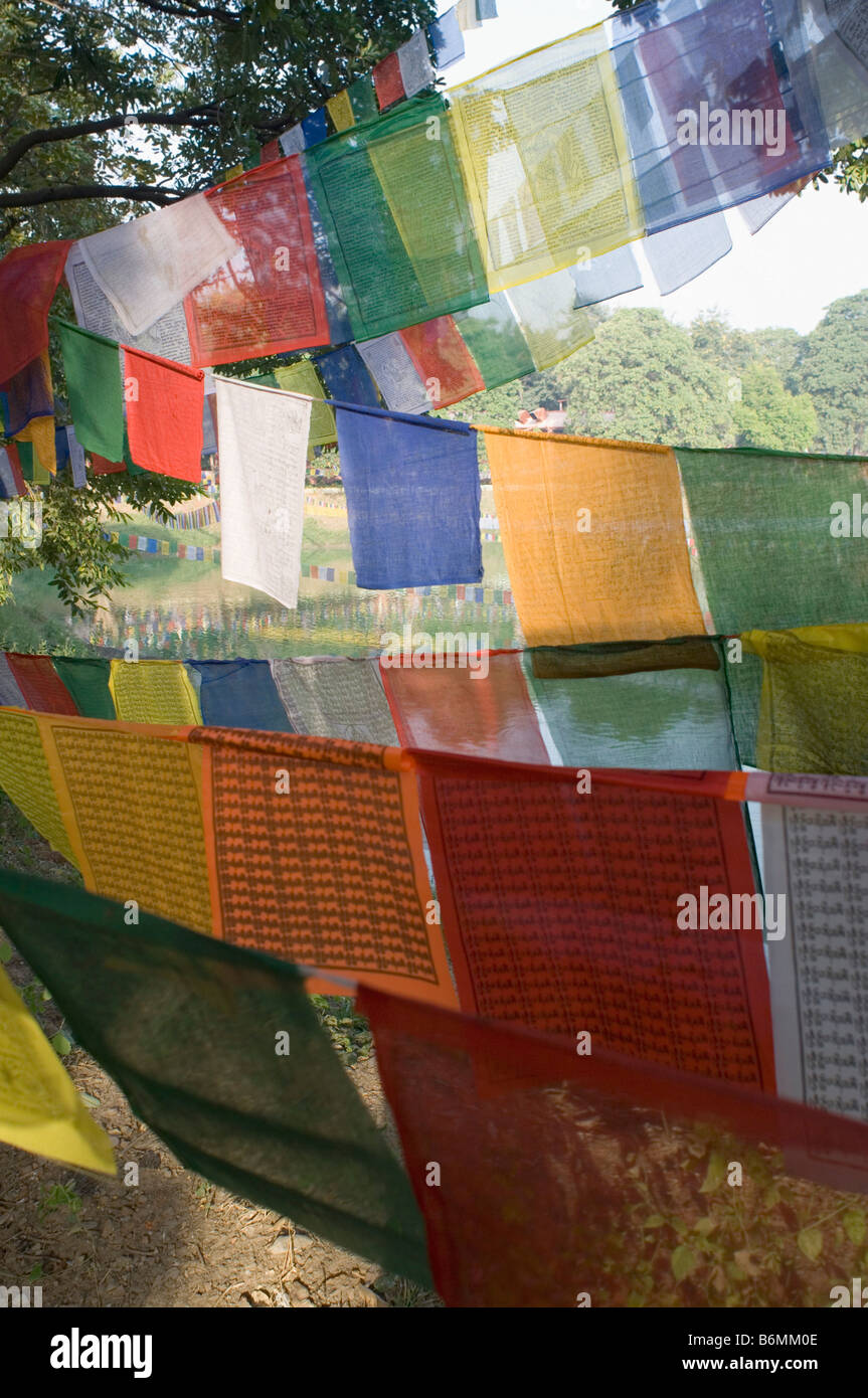 Multi-colored prayer flags at a temple, Mahabodhi Temple, Bodhgaya ...