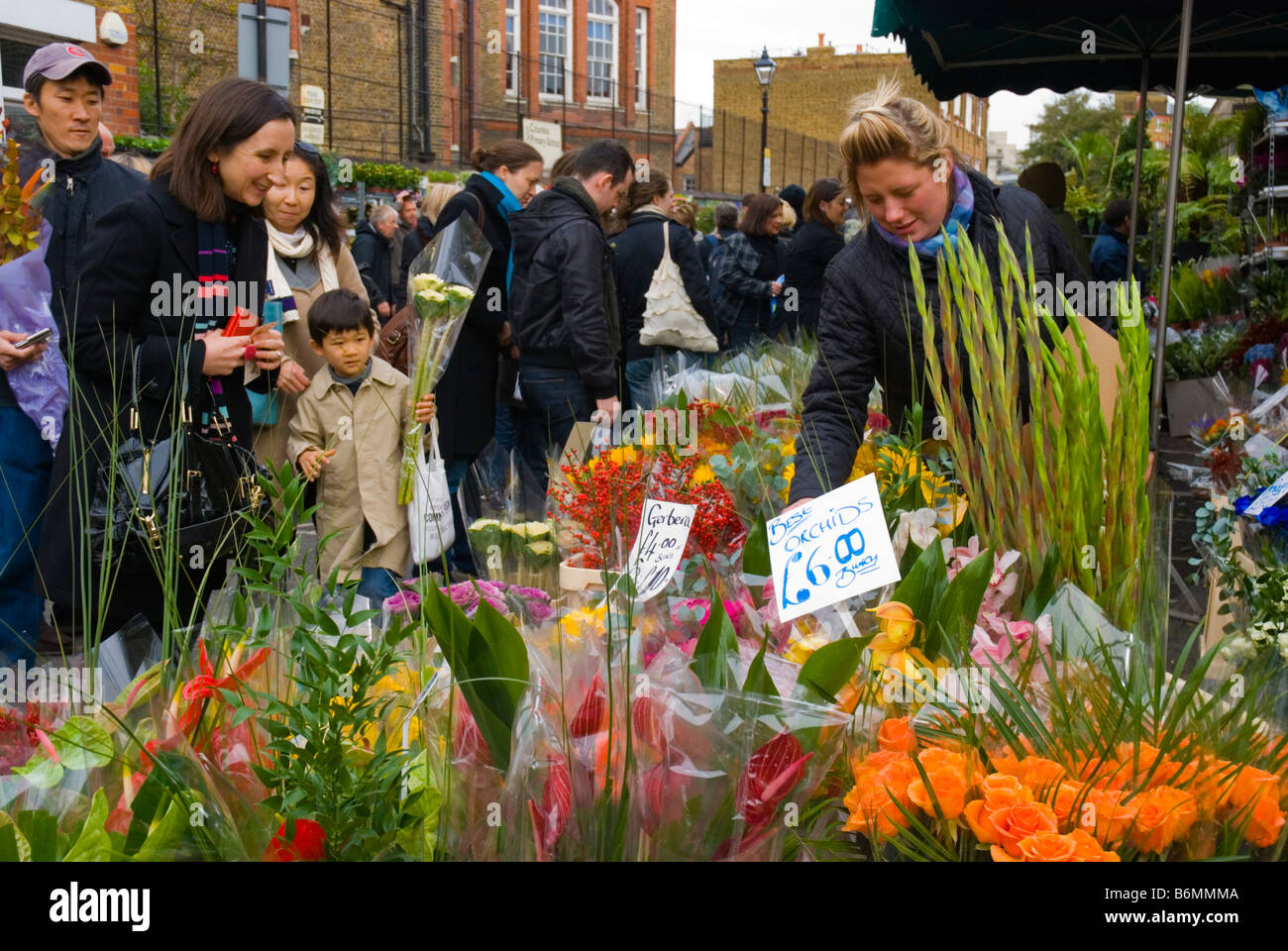 Columbia Road flower market during the Sunday market day in East London ...