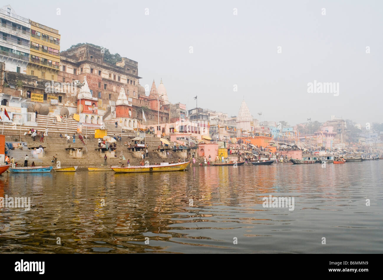Temples at the riverbank, Dasashvamedha Ghat, Ganges River, Varanasi ...