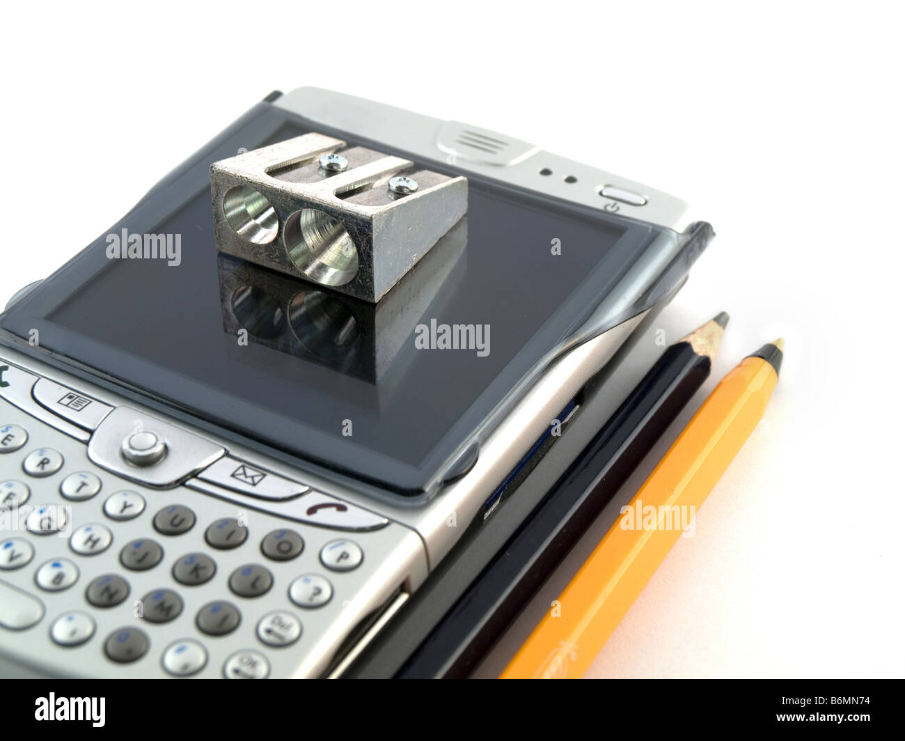 Modern Mobile Phones Pens and Pencils on White Background Stock Photo ...