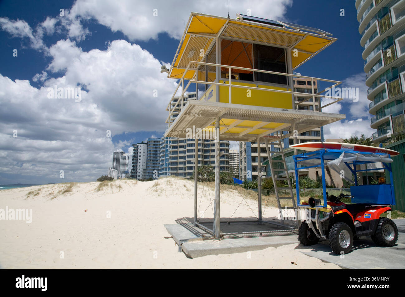 Surf rescue lifeguard tower and surf buggy on Gold coast beach ...
