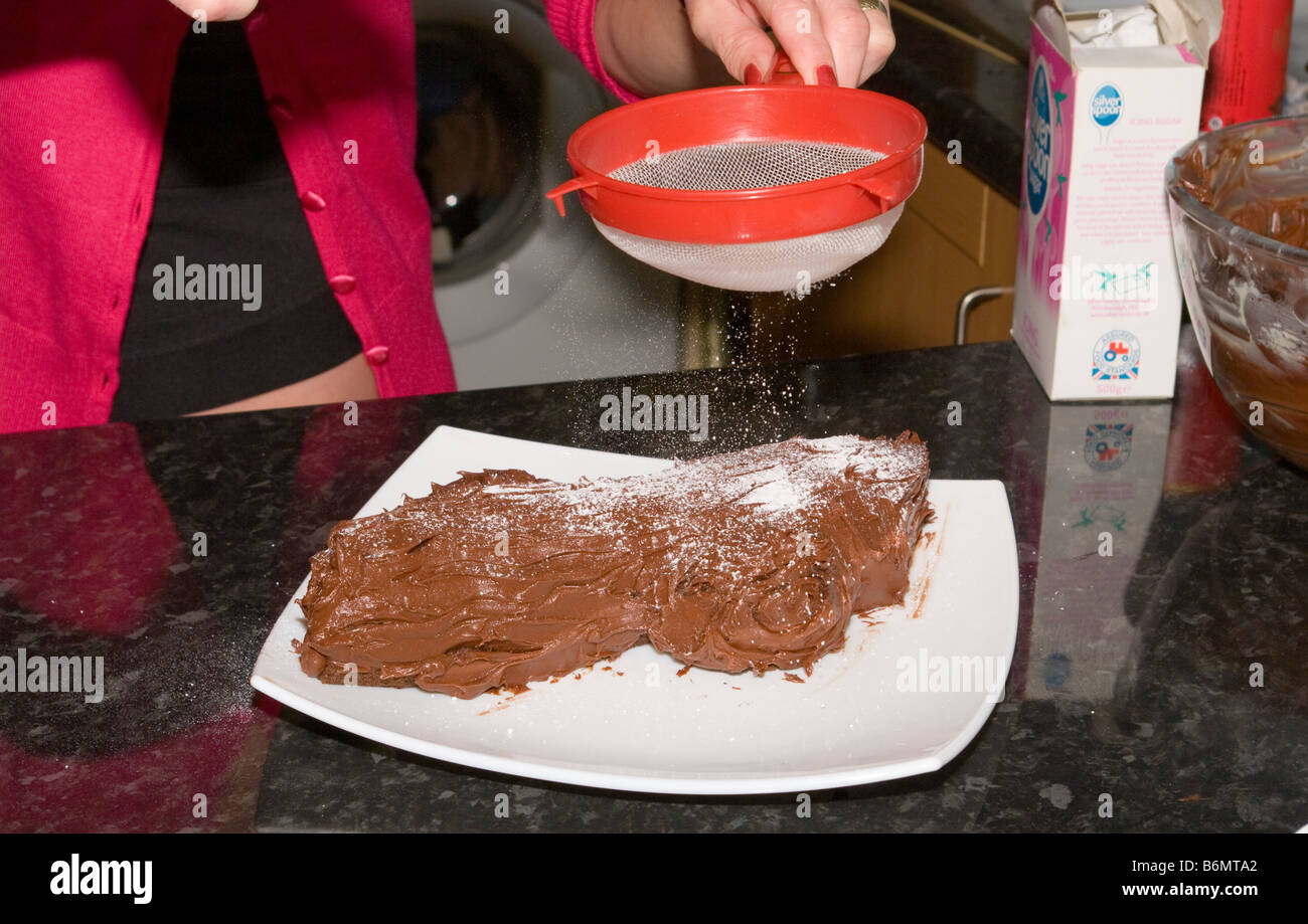 Woman Person Sprinkling Icing Sugar on a Home Baked Christmas Log Cake ...
