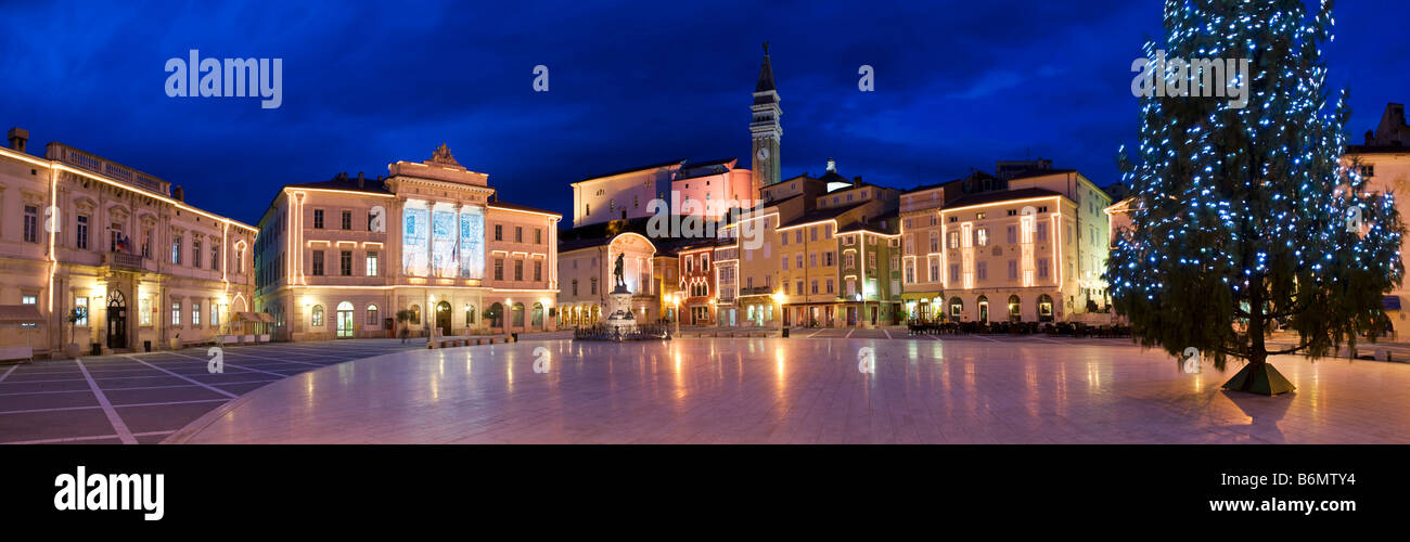 old town in Slovenia Piran decorated for christmas at dusk Stock Photo ...