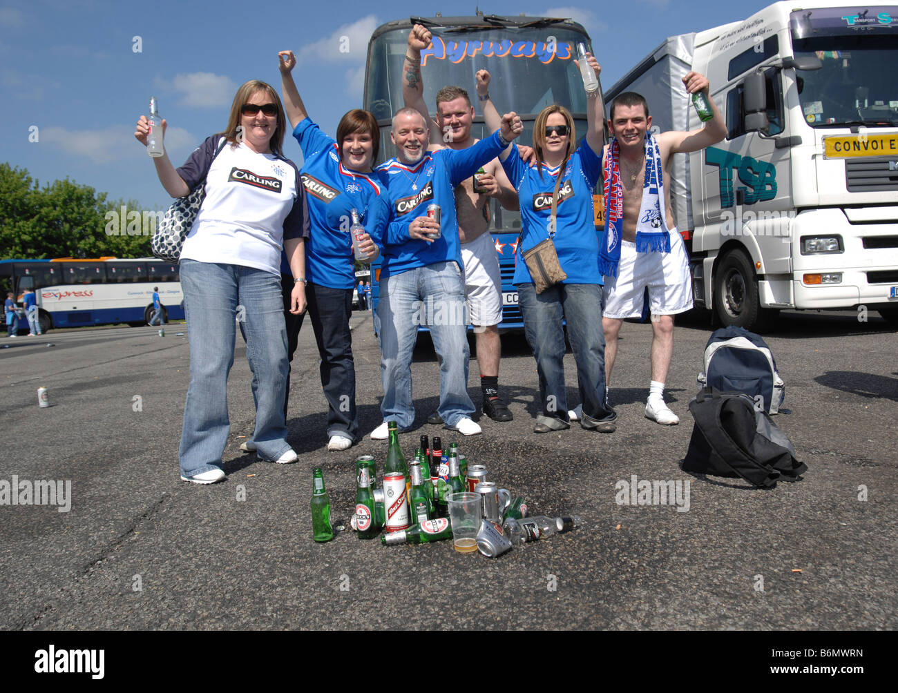 Glasgow Rangers fans gather at a motorway service area before the UEFA ...