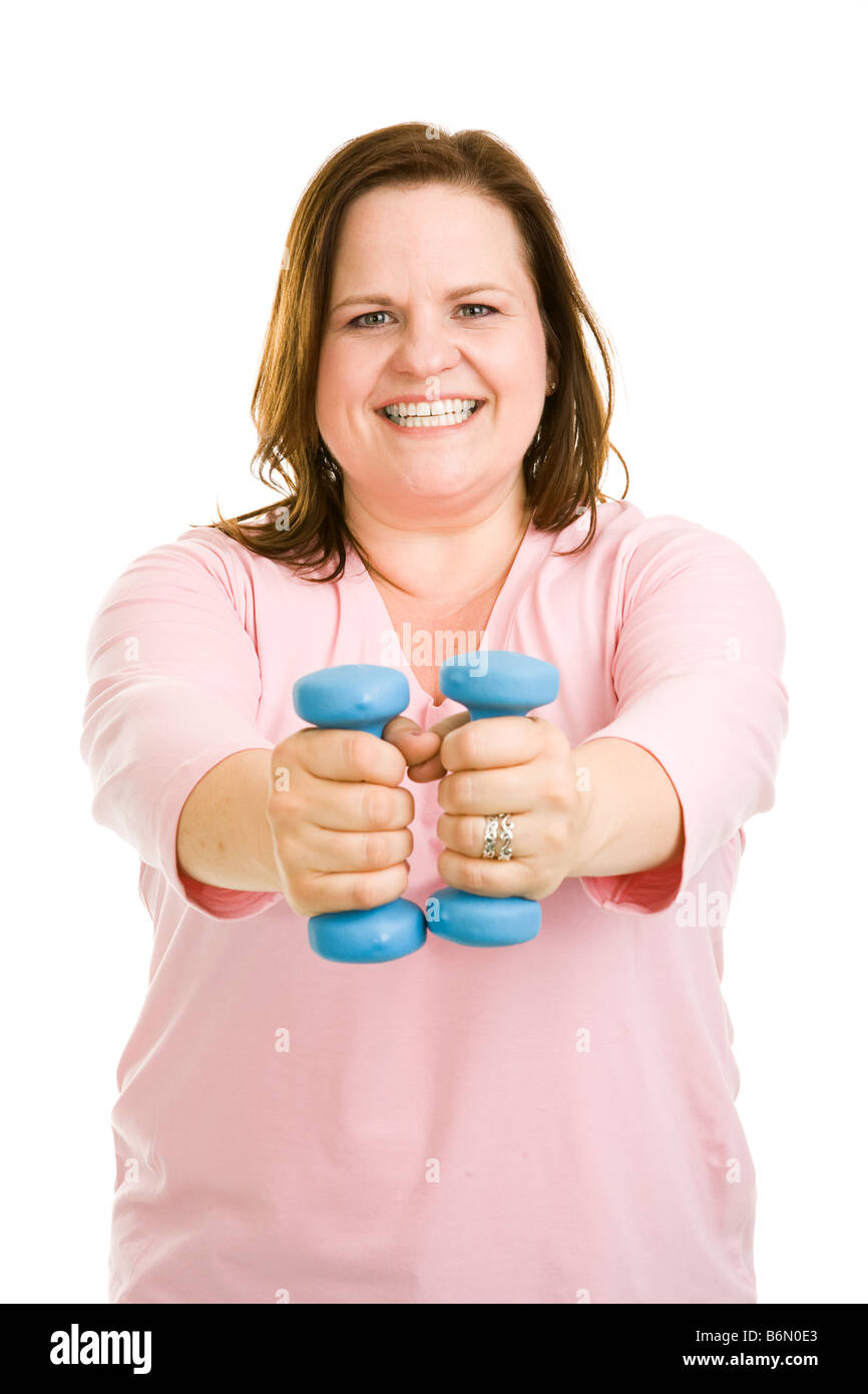 Beautiful plus sized model working out with free weights Isolated on ...