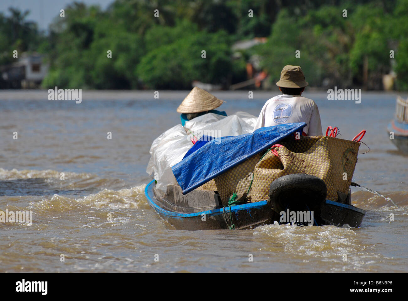 Sampan with cargo of Ramutan fruit in wicker baskets, Co Chien River ...