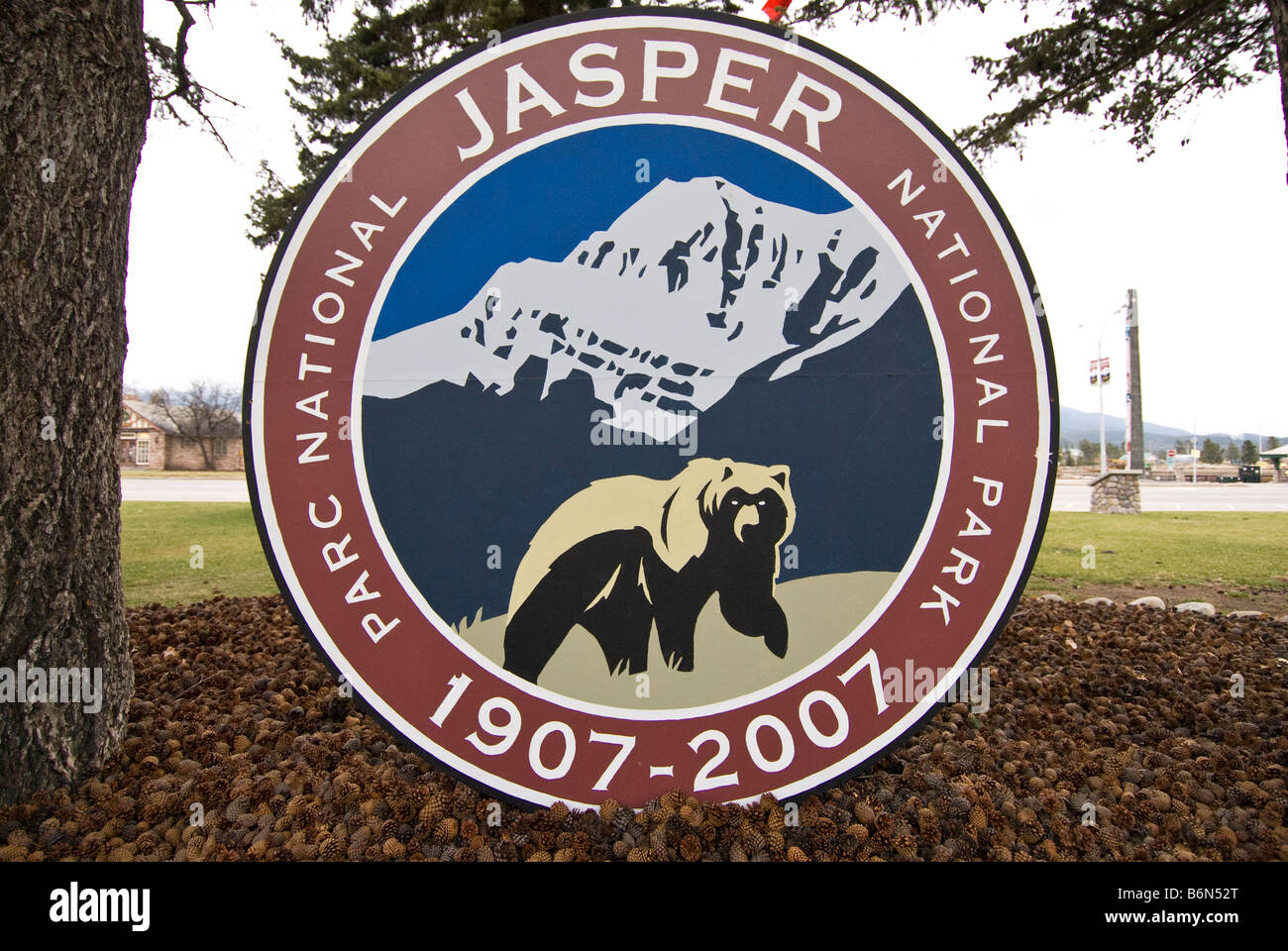Sign commemorating the centennial of Jasper National Park Stock Photo ...