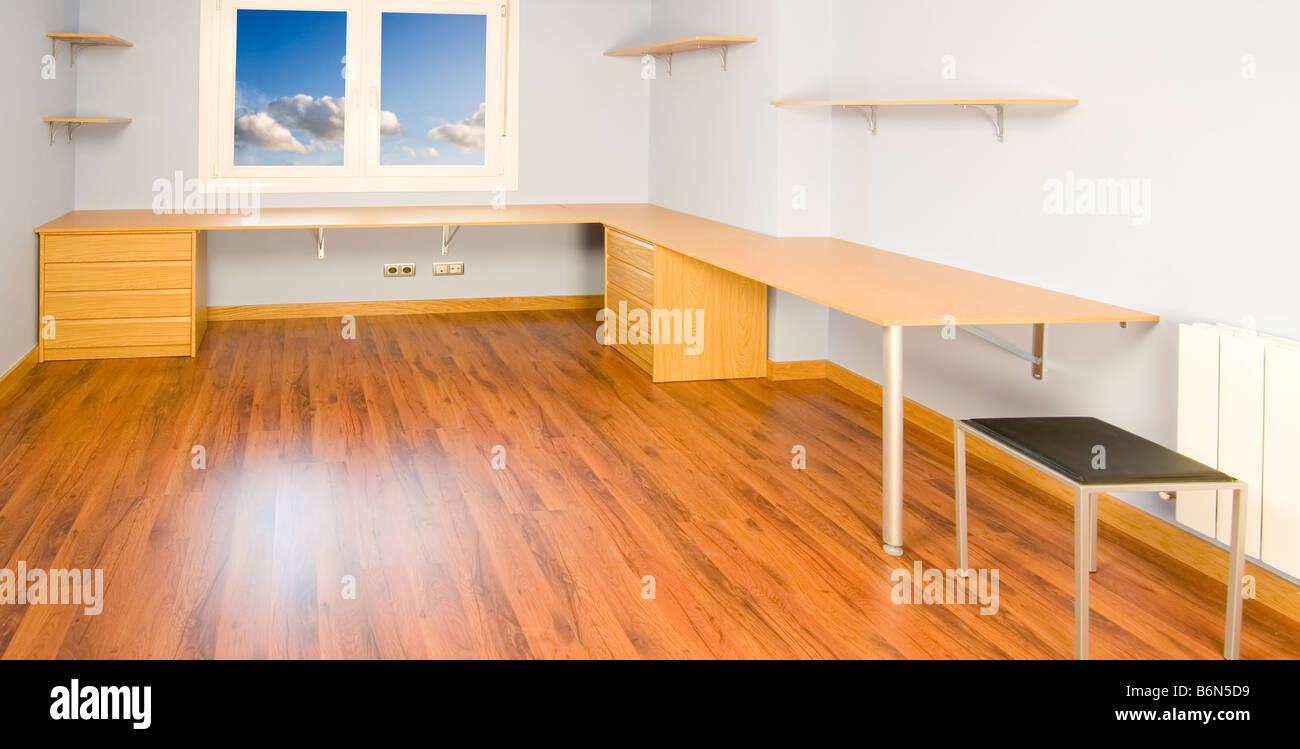 empty room with minimalistic furniture table and a chair and plenty of ...