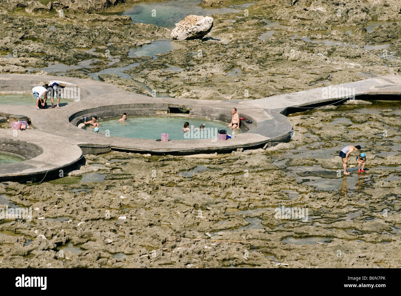 Taiwan, People Enjoying Green Island Jhaorih Saltwater Hot Springs ...