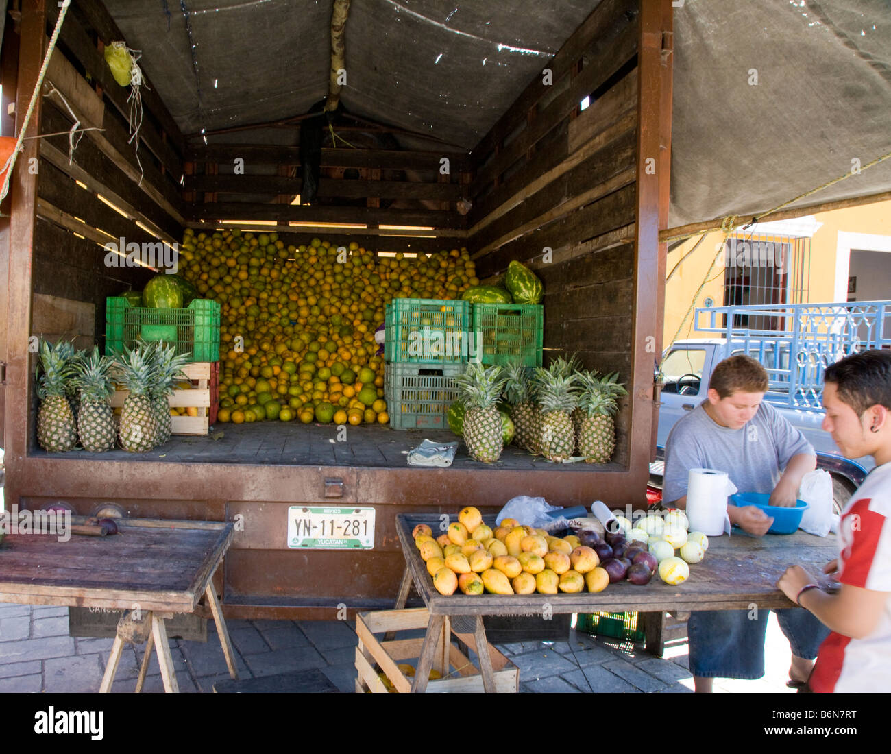 Fruit piled high in the back of a truck Izamal Yucatan Mexico Stock ...