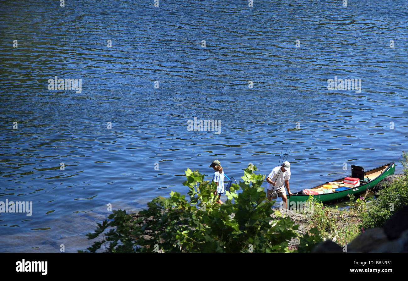 A canoe trip on the Delaware River New Jersey and Pennsylvania. Father ...