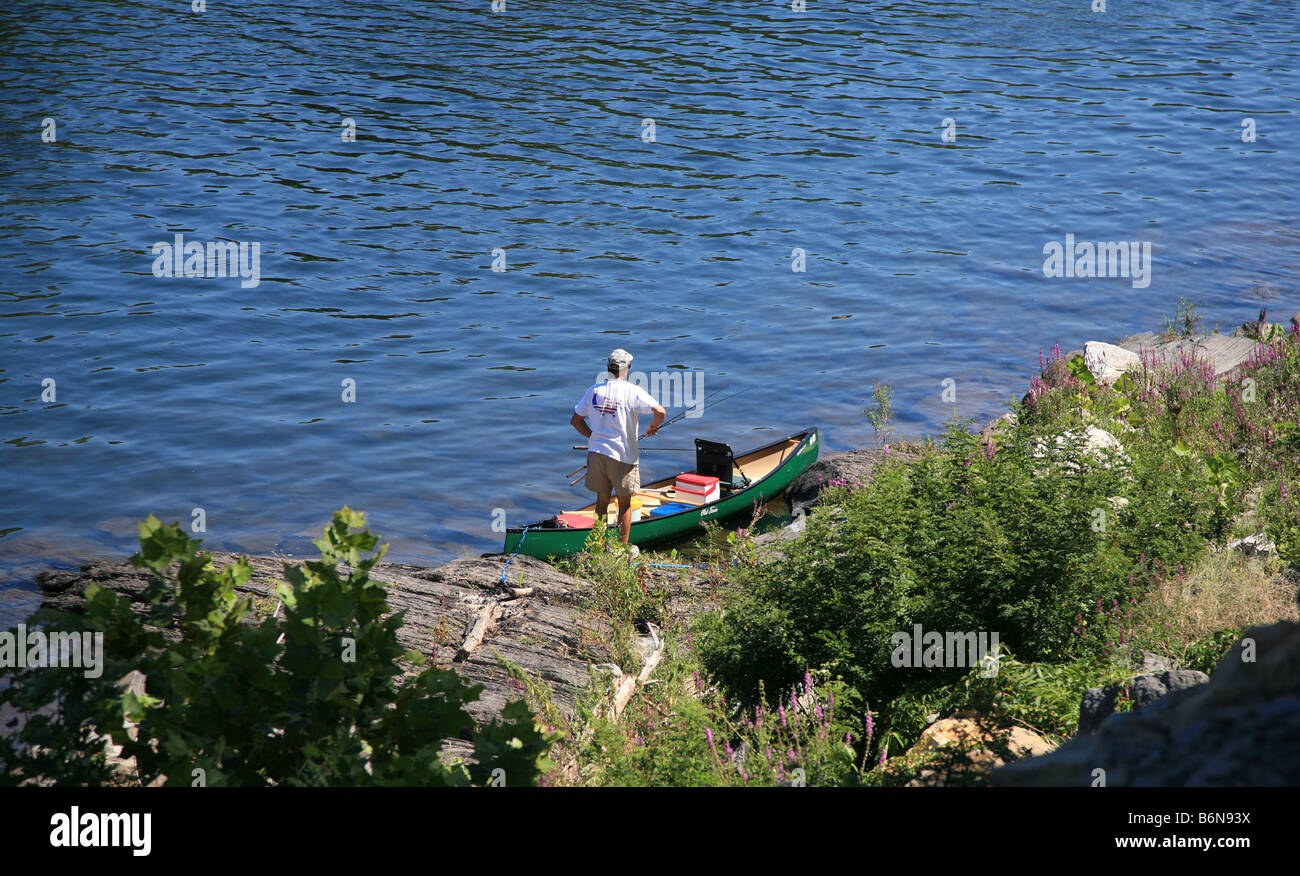 A canoe trip on the Delaware River New Jersey and Pennsylvania. Father ...