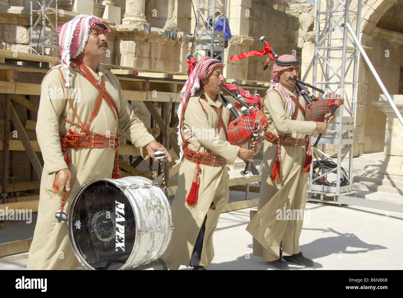 Musicians in ancient Roman Decapolis city of Jerash, Jordan Stock Photo ...