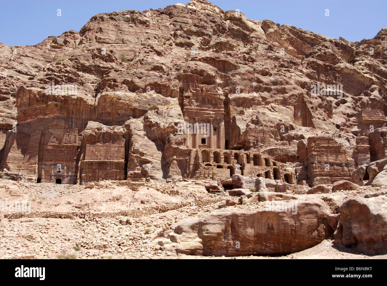 Carved buildings on side of cliff in Petra, Wadi Musa, Jordan Stock ...
