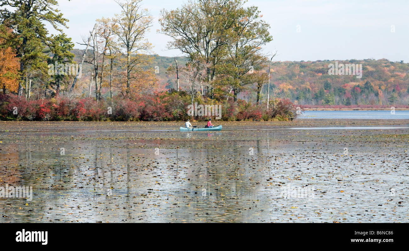 A canoe on a lake in the Pocono Mountains of northeastern Pennsylvania ...