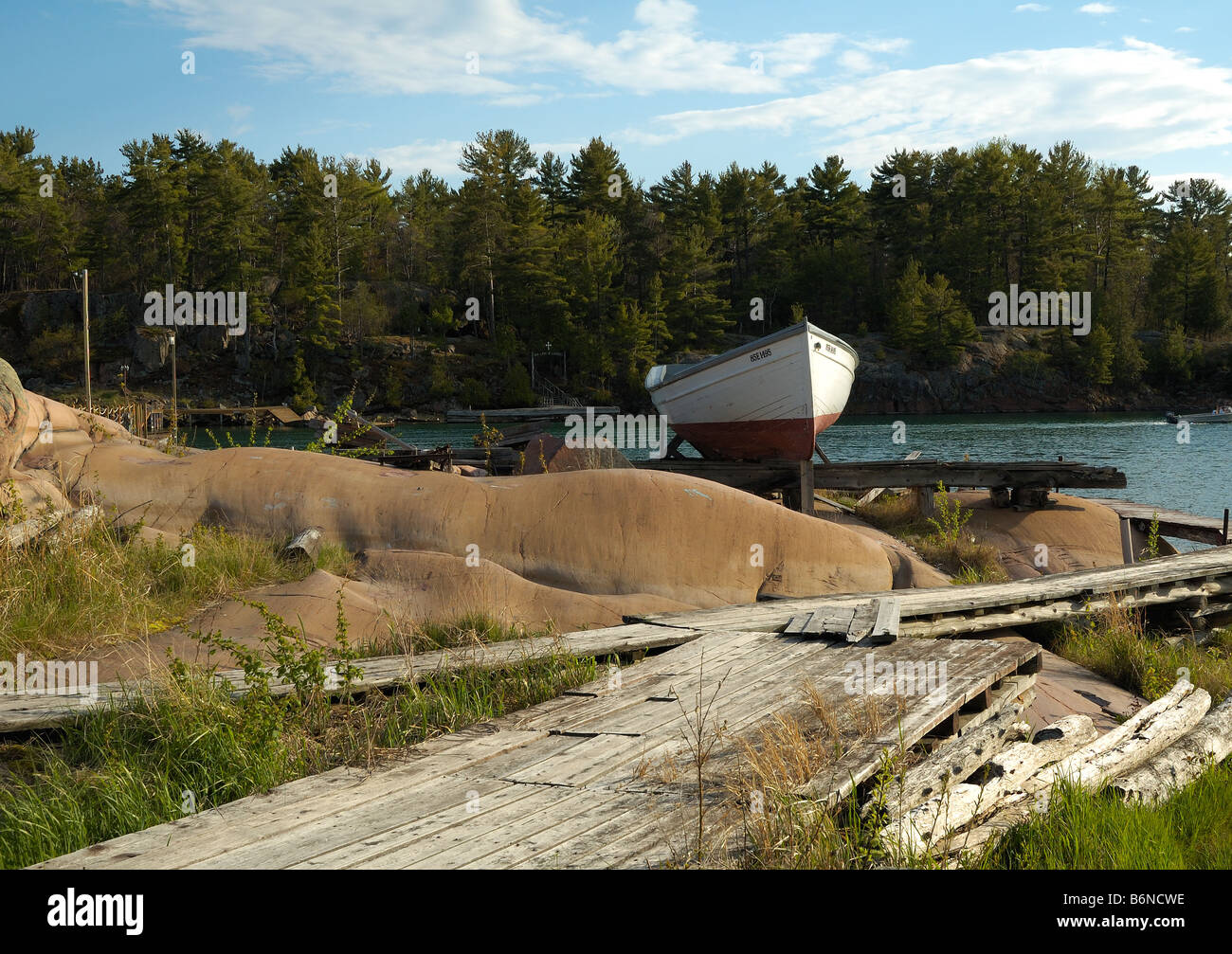This wooden skiff, on the shores of lake Huron, is in dry dock in ...