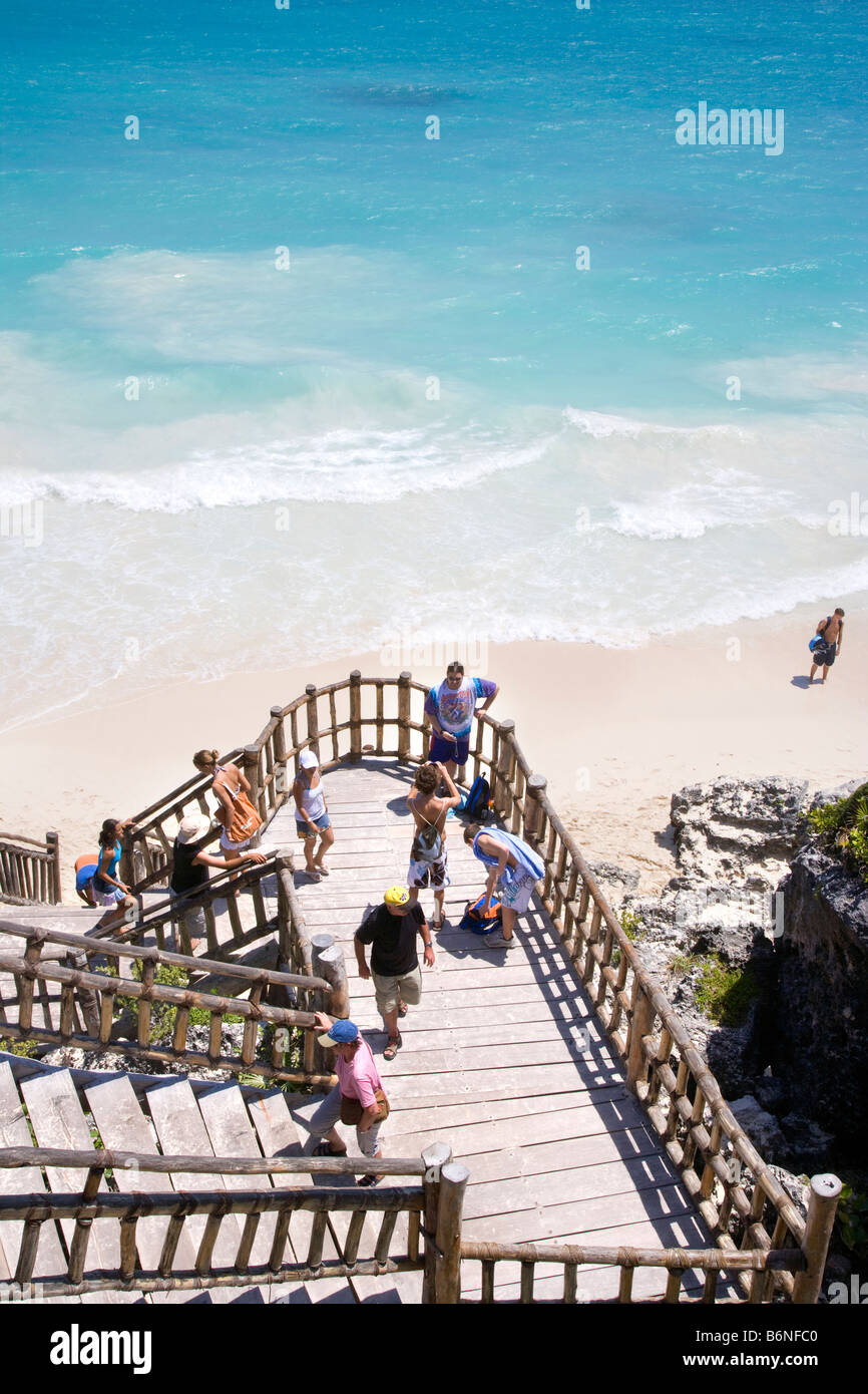 Steps leading down to the beach and Caribbean Sea Tulum Yucatan Mexico ...