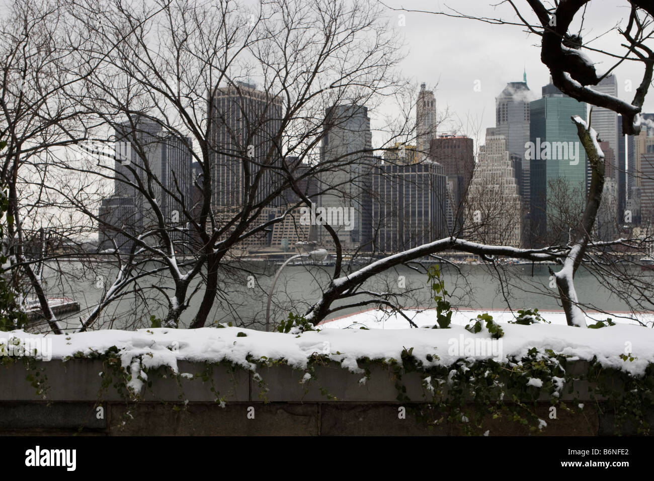 A view of downtown Manhattan is seen behind snow covered trees in ...