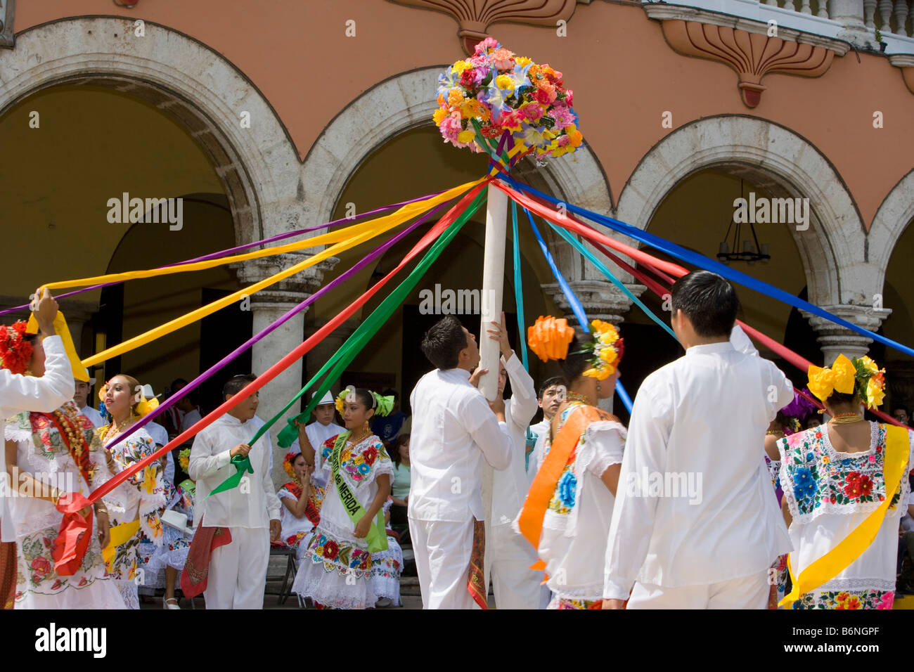 Traditional Mexican Folk Dancing display with maypole Merida Yucatan ...