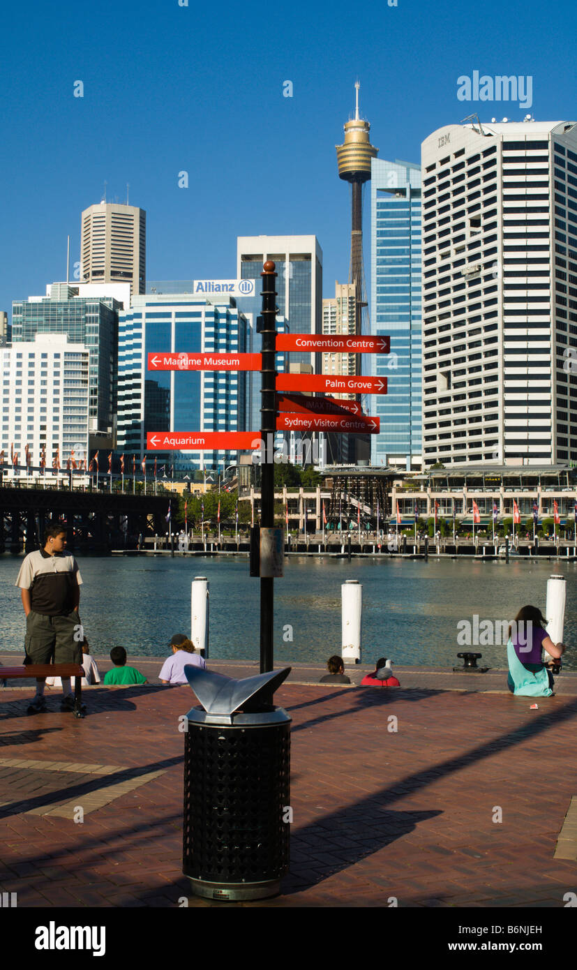 Signposts and pedestrians at Sydney's Darling Harbour Stock Photo - Alamy