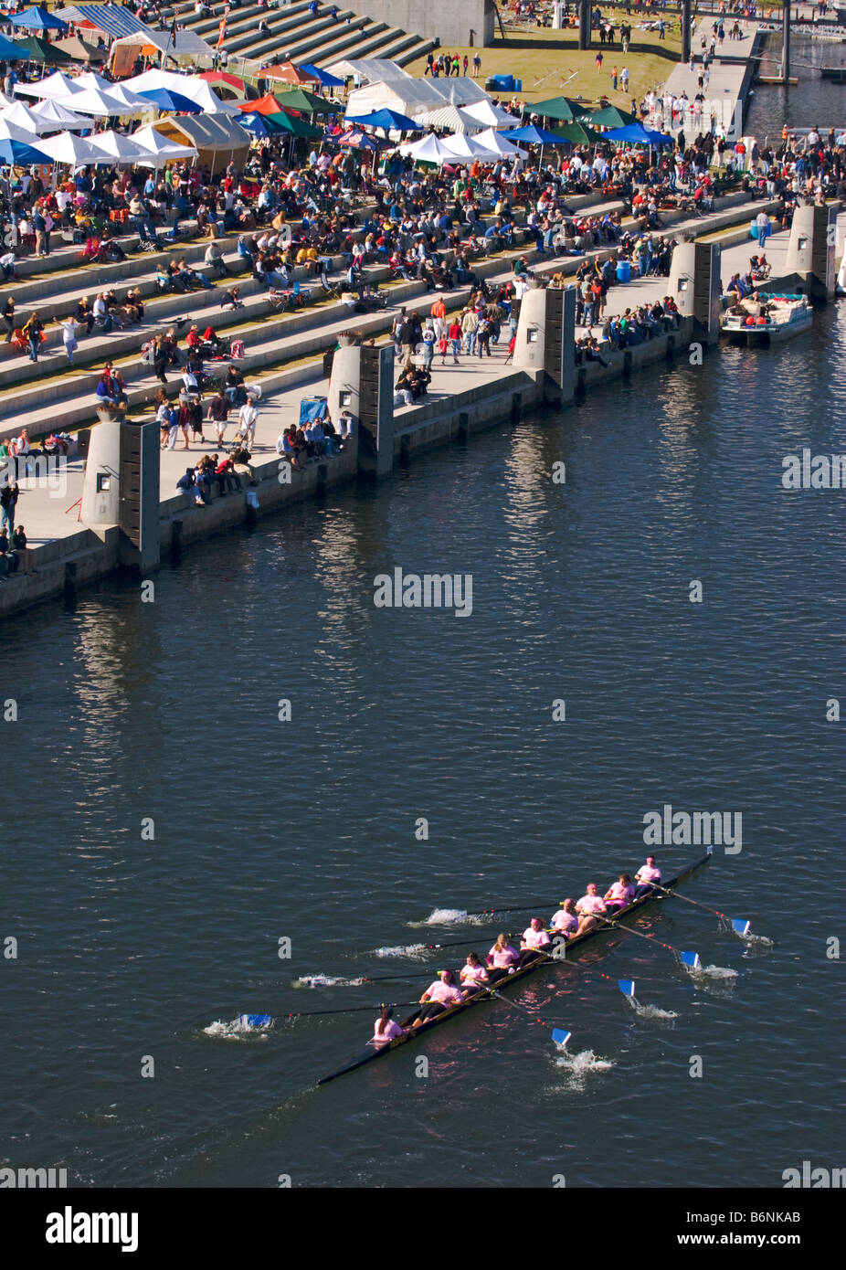 Scullers passing in front of the crowd at the Race Head of the Hooch ...