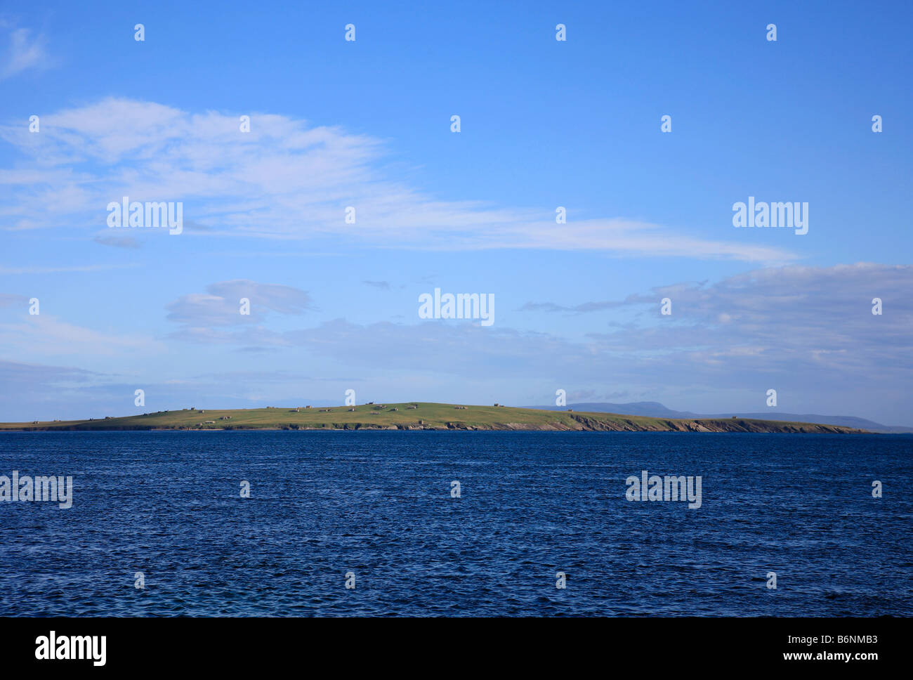 Landscape view to Stroma Island from John O Groats harbour Caithness ...