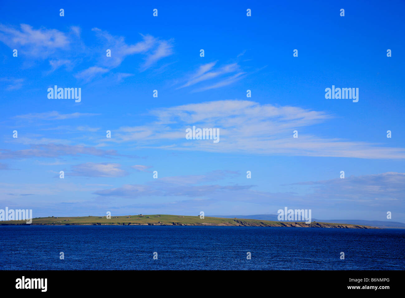 Landscape view to Stroma Island from John O Groats harbour Caithness ...