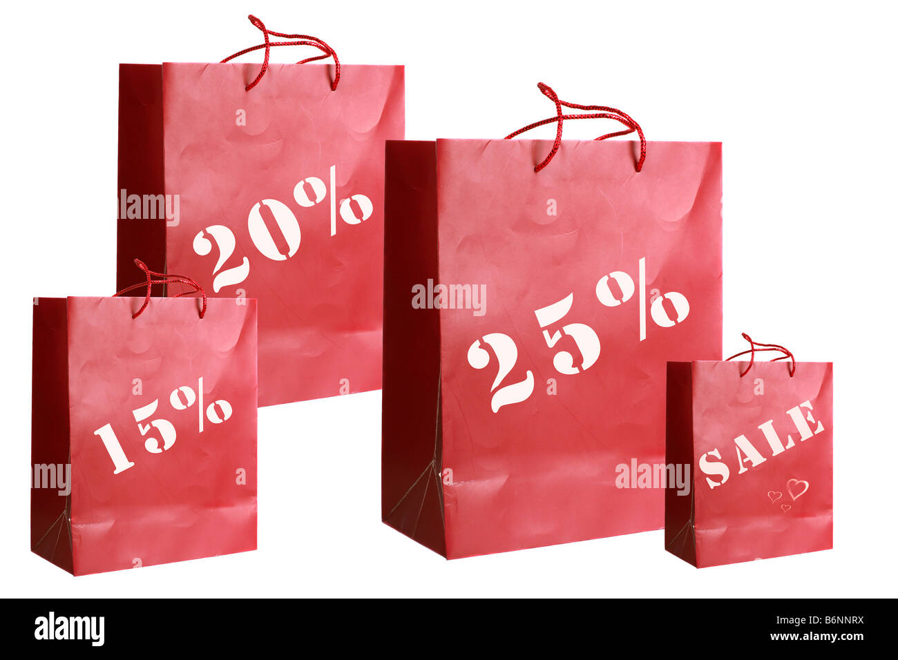 Four red paper bags with special offer prizes over white background ...